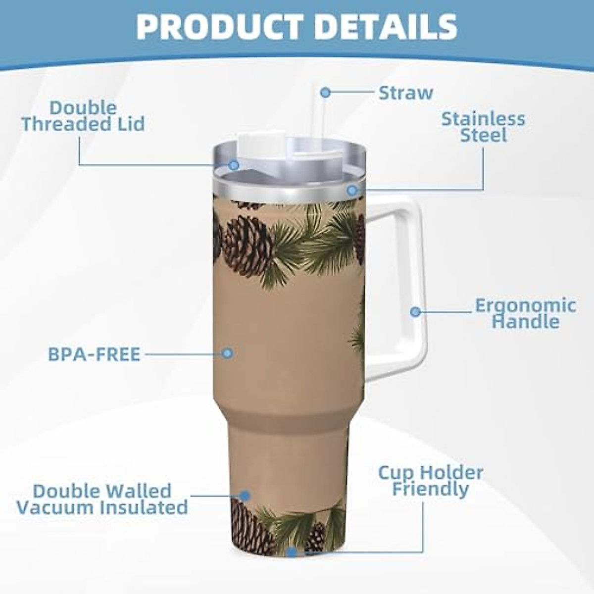 ZHSGNMHH Pine Cone Border 40oz Tumbler With Handle And Straw Stainless Steel Hot/Cold Travel Coffee Cup With Lid