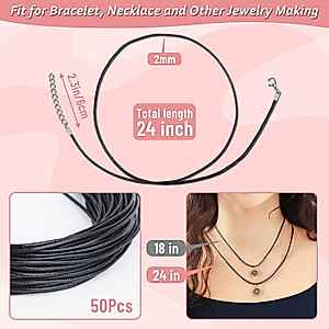 Necklace Cord, Paxcoo 50Pcs Black Necklace String Rope with Clasp, 24 Inch Black Waxed Cotton Cord Necklace Bulk for Charms Pendants, Bracelets, Necklaces, Jewelry Making Supplies and Beading Supplies