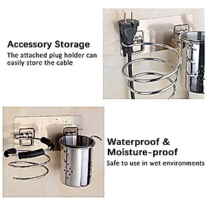 Hair Dryer Holder Wall Mount, LIOUCBD Blow Dryer Holder with Cup, Nail Free Hair Tools Organizer, Stainless Steel Bathroom Storage Set for Comb Makeup Brushes