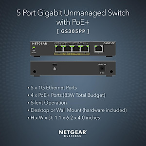 NETGEAR 5-Port Gigabit Ethernet Unmanaged PoE Switch (GS305PP) - with 4 x PoE+ @ 83W, Desktop or Wall Mount
