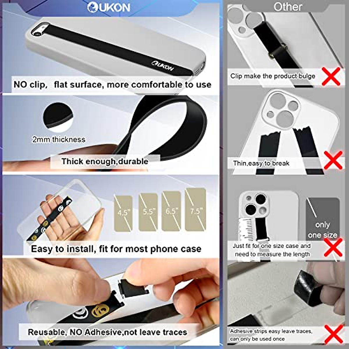 UKON Silicone Phone Grip,2022 Upgrade 2 PCS Phone Strap Reusable Hand Finger Holder with Three Short Silicone Strips DIY Combination to Fit 4.7"-7" Most Smart Phone Case (Black+Purple)