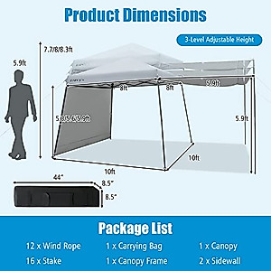 Tangkula 10x10 ft Pop Up Canopy with Dual Awnings, Outdoor Canopy Tent with Center Lock, 16 Stakes, 12 Ropes, Roller Bag, UPF50+ Easy Setup Instant Canopy with 2 Sidewalls for Camping, Patio, Market