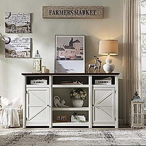 SinCiDo Farmhouse TV Stand for TVs Up to 80 inches, 39" Tall Highboy Entertainment Center w/Barn Door, Large Wood Rustic TV Console Cabinet w/Adjustable Shelves for Living Room, 70inch, White