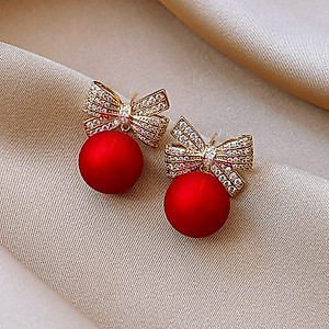 Red Pearl Bow Earrings Pearl Drop Earrings for Women Rhinestone Bow Earrings for Teen Girls Trendy Stuff Wedding Prom Party Daily Jewelry Mothers Day Gifts