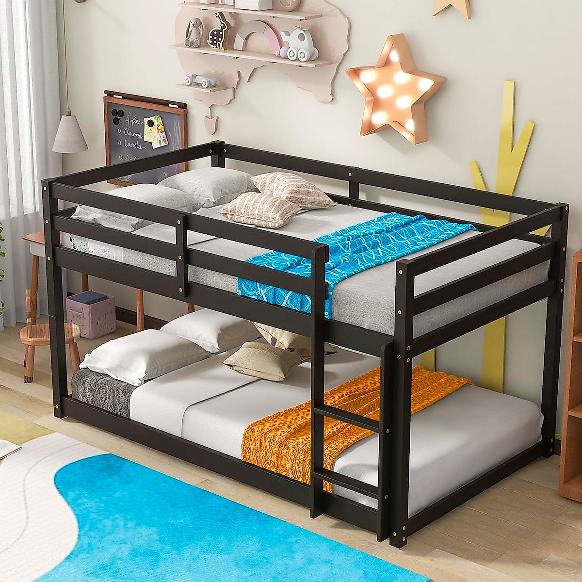 Anwick Twin Over Twin Low Bunk Bed with Stairs and Rails, Wooden Bunk Beds Frame with Safety Guardrail and Slats for Toddlers, Kids, Teens, Boys, Girls, Noise-Free (White) (Black)