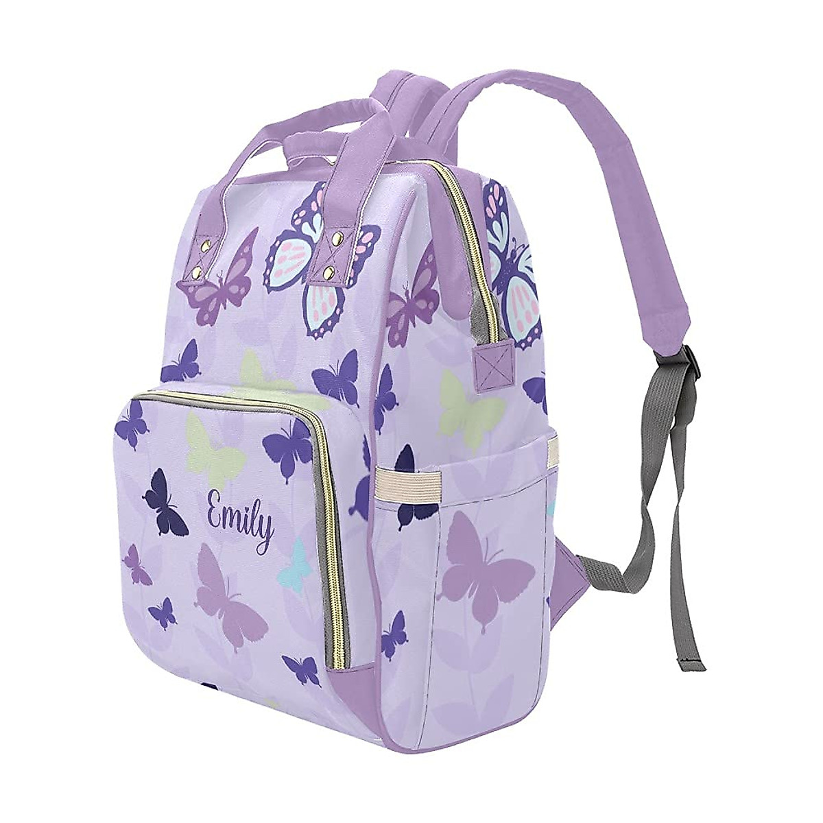 Yeshop Butterfly Purple Personalized Diaper Bag Backpack Tote with Name,Custom Travel Nappy Mommy Bag Backpack for Baby Girl Boy Gift, A300, 10.83In x 6.69Inx 15In