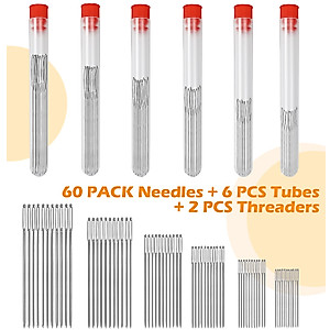 FIVEIZERO 60 PCS Large Eye Sewing Needles, 6 Sizes Hand Sewing Needles, Leather Needle Embroidery Thread Needle, Stainless Hand Quilting Needles with Threaders for Hand Sewing Art Crafts