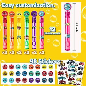 60PCS Car and Truck Party Favors 12PCS DIY Bubble Wands 48PCS Stickers for Goodie Bag Fillers Pinata Stuffers, Mini Bubble Bulk Birthday Party Supplies Gifts Class Prizes Toddlers Boys Girls
