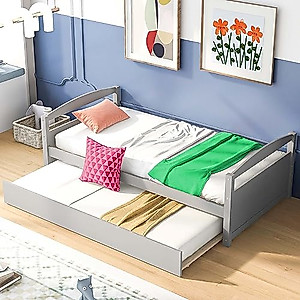 Anwickmak Wooden Twin Daybed with Trundle, Trundle Bed Twin, Modern Platform Day Beds Frames for Kids,Teens,Boys,Girls,Solid Wood Slat Support,Noiseless,No Box Spring Needed,Easy Assemble (Grey)