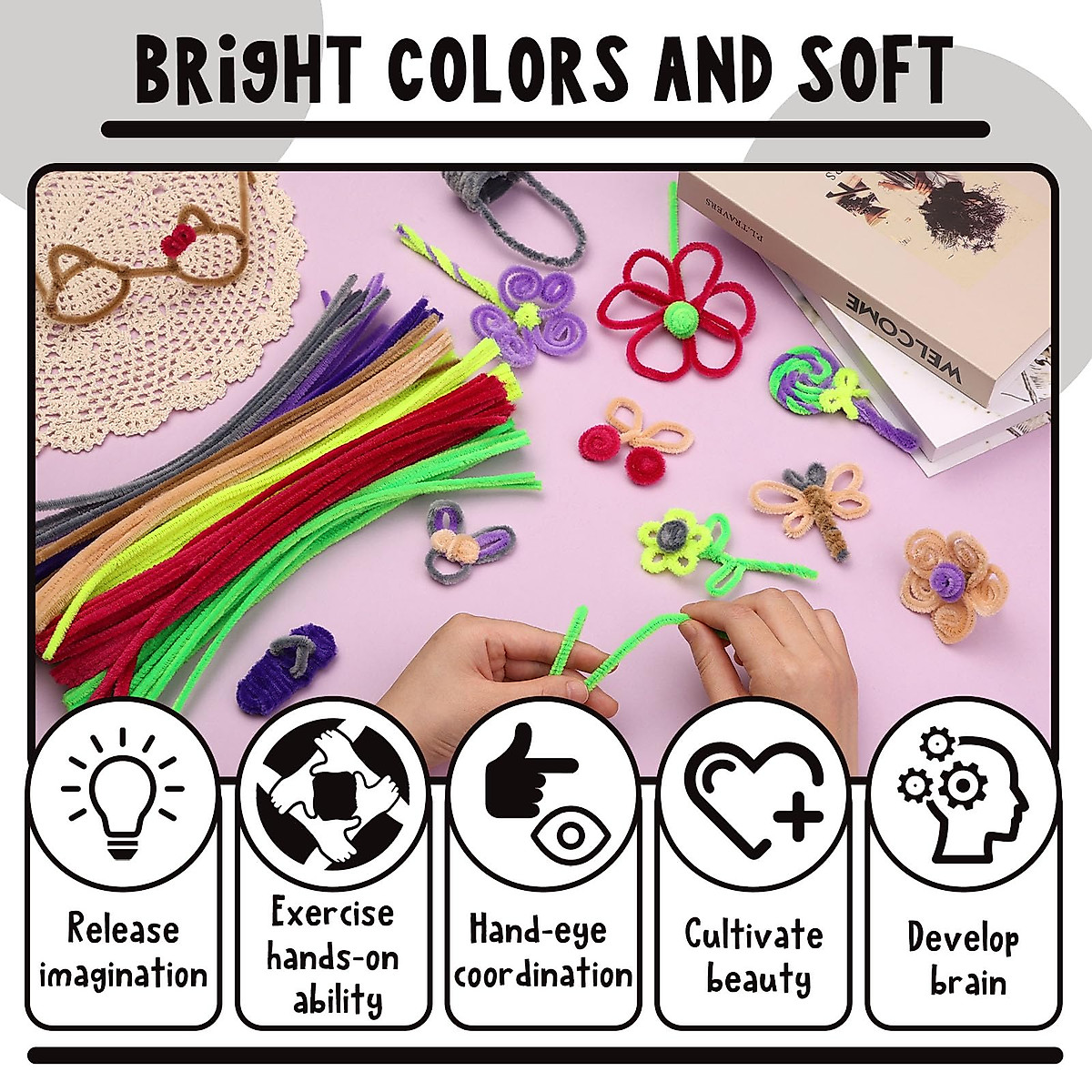 150 Pieces Black Pipe Cleaners for Hair, Pipe Cleaners Chenille Stem, Craft Pipe Cleaners, Art Pipe Cleaners, Fuzzy Sticks for Creative Home Arts and Crafts Project Decoration Supplies