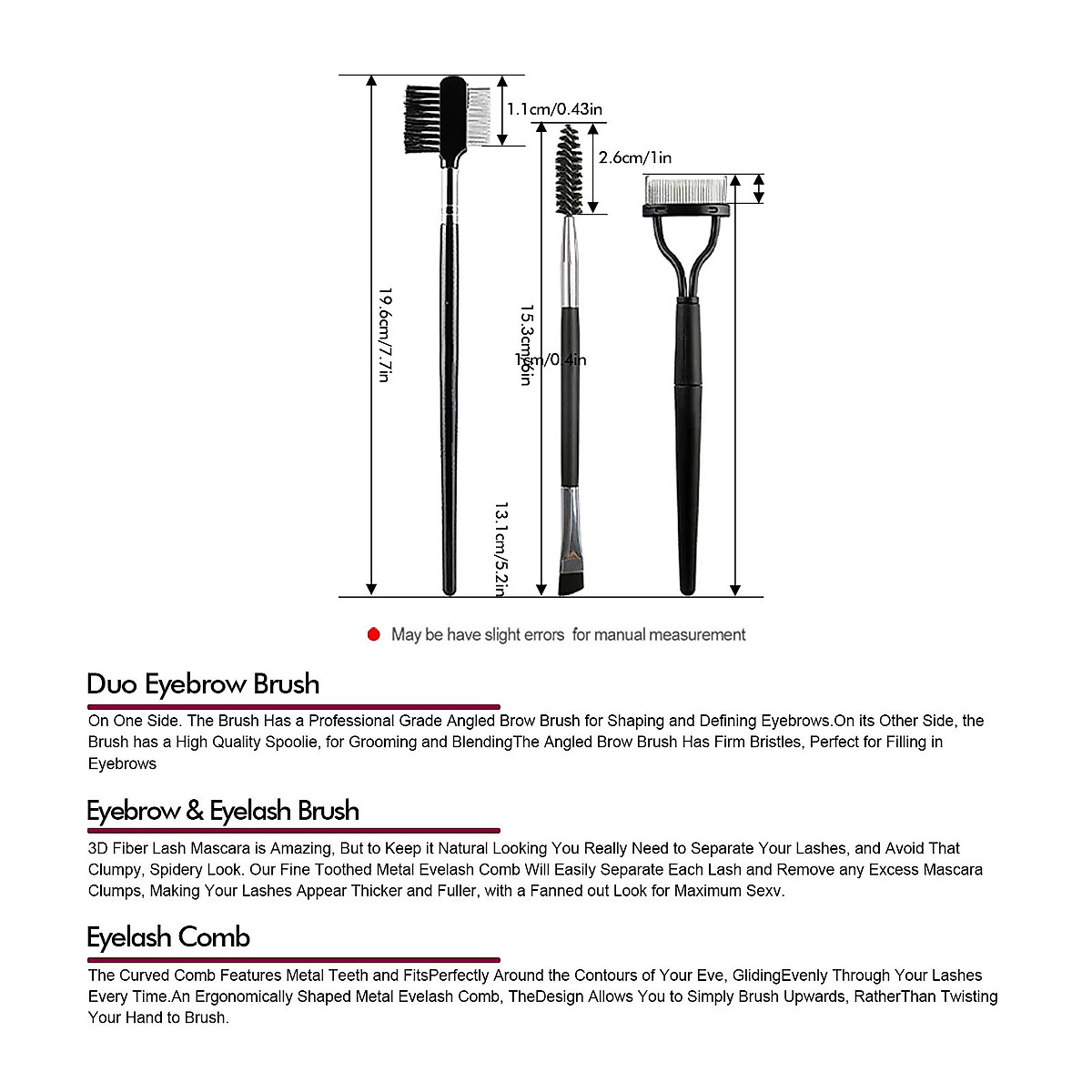 GreenLife 3Pcs Professional Eyelash Comb lash brush Duo Eyelash Brush Curlers Double-Ended Dual Eyebrow Brush Mascara Spoolie Separator Angled Brow Brush Steel Makeup Grooming Tool
