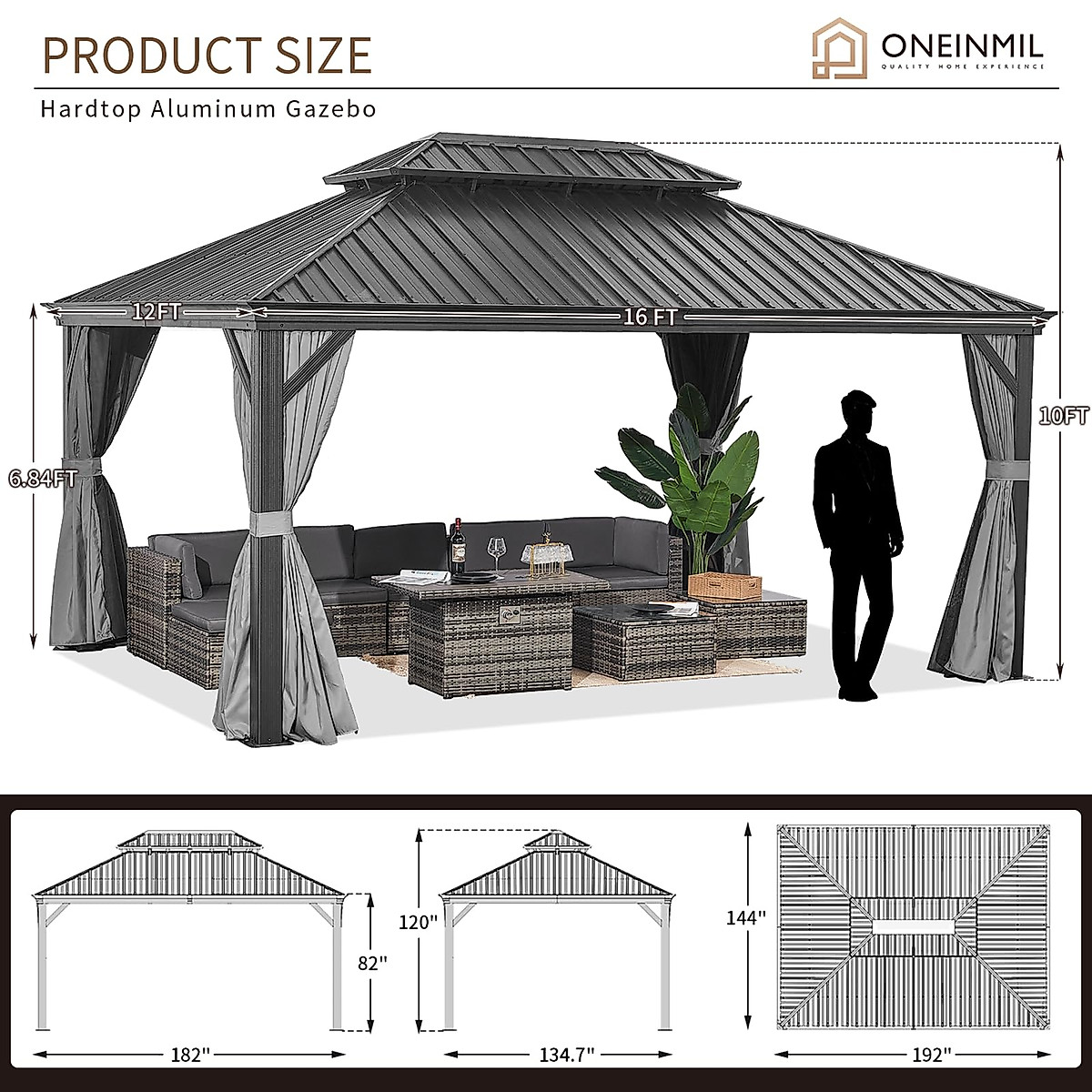 oneinmil 12x16FT Outdoor Gazebo, Heavy Duty Metal Double Roof Hardtop Gazebo with Aluminum Frame and Netting and Curtains for Patios