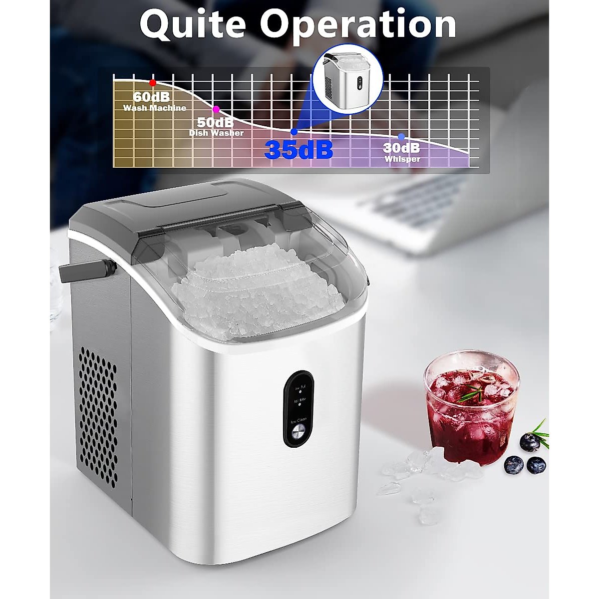Kndko Nugget Ice Maker Countertop,33lbs/Day, Pellet ice Maker,a Basket in 1.5 Hour, Self-Cleaning, One-Click Design, Compact Crushed Ice Maker with Chewy Ice for Home Bar Party，Silver