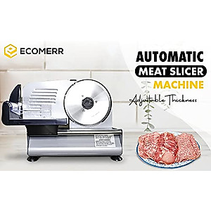 Ecomerr Electric Meat Slicer for Home Use - Automatic Deli Slicer Machine for Cheese, Bread, Vegetables - Round Stainless-Steel Blade, Adjustable Cutting Thickness - Kitchen Food Preparation Equipment