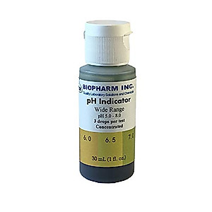 Wide Range pH Indicator Solution: 30 mL Plus 2 Empty Capped Sample Vials — Includes Easy to Read 0.5 pH Increment Color Chart