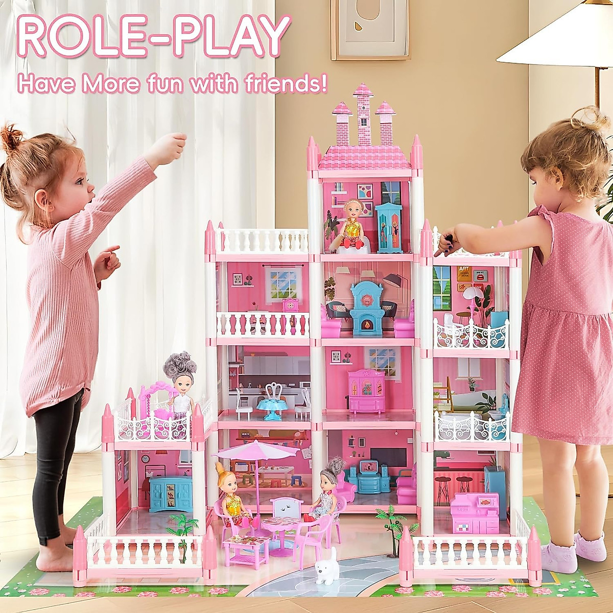LUYE 4 Stories Dollhouse for Girls 2 3 4 5 6 7 8 Year Old - Huge Doll House w/ 4 Dolls Figure with Furniture, Accessories, LED Light, Princess Dream House Toys Gift for Toddler Kids 3+, Pink