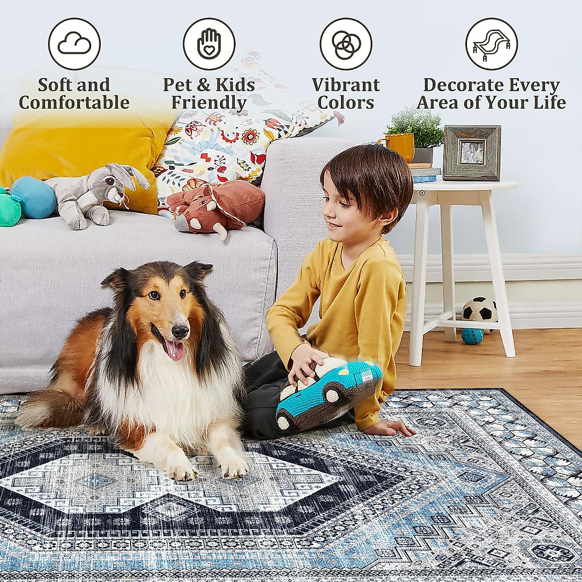 GarveeHome 8x10 Washable Area Rug Boho Living Room Rug Non-Slip Nursery Rug Low-Pile Retro Carpet Print Distressed Rug for for Laundry Dining Room Office, Blue/Grey