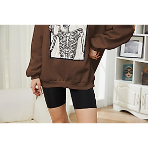 Meladyan womens Halloween Skull Graphic Print Fleece Oversized Sweatshirt Crewneck Long Sleeve Drop Shoulder Pullover, Vintage Brown, Large