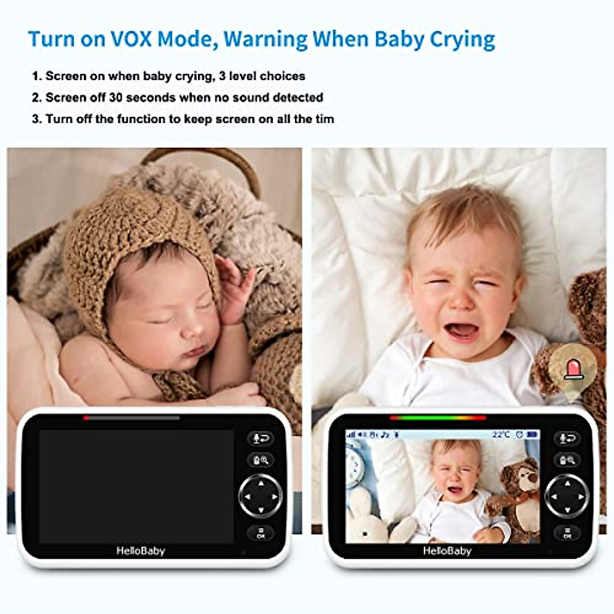 HelloBaby Monitor, 5''Display with 30-Hour Battery, Pan-Tilt-Zoom Video Baby Monitor with Camera and Audio, Night Vision, 2-Way Talk, Temperature, 8 Lullabies and 1000ft Range No WiFi, Ideal for Gifts