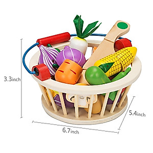 Victostar Magnetic Wooden Cutting Fruits Vegetables Food Play Toy Set with Basket for Kids