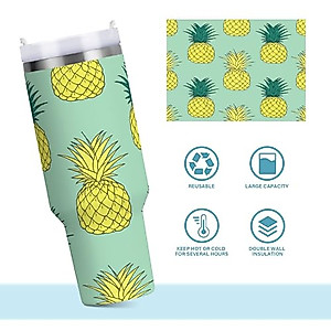 RPLIFE Bright Pineapple Print Light Green 40 Oz Tumbler with Handle, Stainless Steel Cups with Lid, Coffee Tumbler for Women