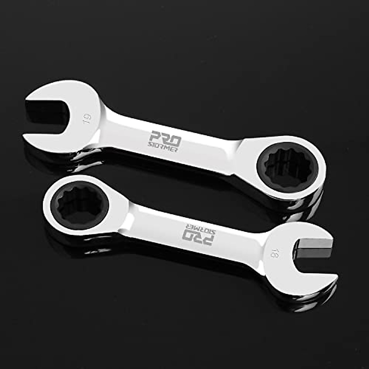 Prostormer Stubby Ratcheting Combination Wrench Set, 10-Piece 8-19mm Metric Chrome Vanadium Steel Ratchet Wrenches with Rolling Pouch, 72-Teeth, 12-Point Box End