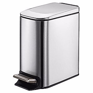 Siapapla Small Bathroom Trash Can with Lid,Step Pedal Stainless Steel Garbage Can with 100PCS Trash Bag,Slim and Narrow Rectangular Trash Bin,Inner Bucket for Bedroom,Kitchen,Office,1.6 Gal/6L,Silver