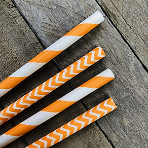 Orange and White Paper Straws - Party Supply - Stripe and Chevron - 7.75 Inches - 50 Pack - Outside the Box Papers Brand