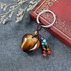 MANIFO Natural Tiger Eye Heart Crystal Keychain 7 Chakra Healing Gemstone Key Ring Charm for Women