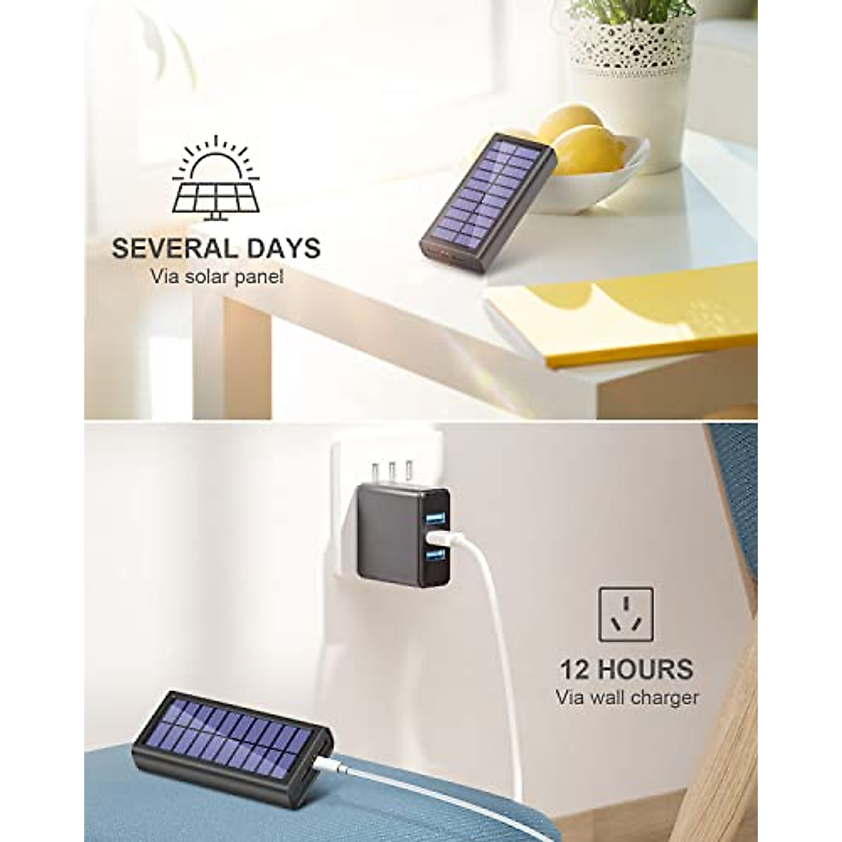 Portable Charger 45800mAh Solar Power Bank Camping Waterproof External Backup Charge with 2 Outputs & Type-C Inputs 2 LED Light Flashlight Backup Battery(Black)