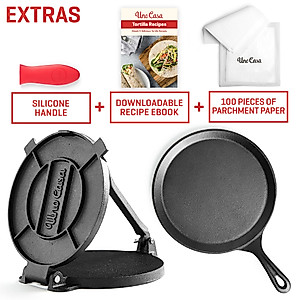 Uno Casa Cast Iron Tortilla Press 10 Inch with Cast Iron Comal Pan - Bundle of Cast Iron Tortilla Skillet for Roti Pan, Tawa Pan, Dosa Pan & Tortilla Press Pataconera
