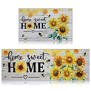 2 Pieces Sunflower Kitchen Rugs Set Kitchen Mats Non Slip Rubber Backing Area Sunflower Rug Home Sweet Home Doormat Washable Indoor Outdoor Floor Mats Country Kitchen Decor, 17'' x 30'', 17'' x 47''