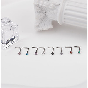 Enticera 2mm G23 Titanium Nose Rings Studs for Sensitive Skin 20g Handmade Small L Shaped Nose Rings for Women Men Round CZ Nose Piercing Jewelry White