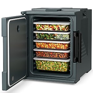 COSTWAY Insulated Food Pan Carrier, 95 Qt Hot Box Catering for 6 Full-Size Pan, Stackable Design, Fastener, Portable Front-Loading Food Warmer for Family Gathering, Buffets, Restaurant, Grey (1)