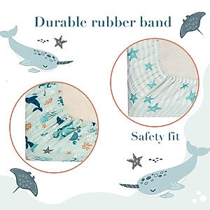 My Little Zone 100% Cotton Changing Pad Cover for Baby Boys and Girls, Nautical - Breathable Bassinet, Mini Crib Mattress Fitted Sheets - Ocean Stars, 32"x16" with 8" Deep Pocket, Teal-White, 2 Pack