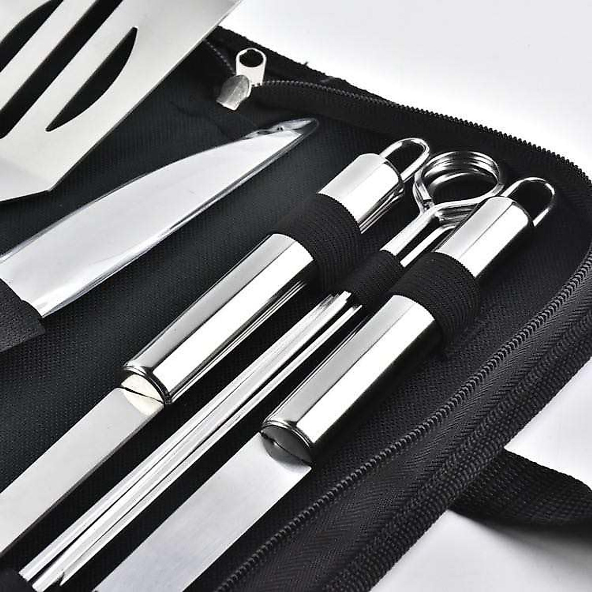 Dusted Lightweight Stainless Steel 6 Piece Travel Grill Utility Set - Spatula, Tongs, Fork, Brush, Knife, Skewers, Canvas Bag, Perfect for Grilling at Home Or On The Go