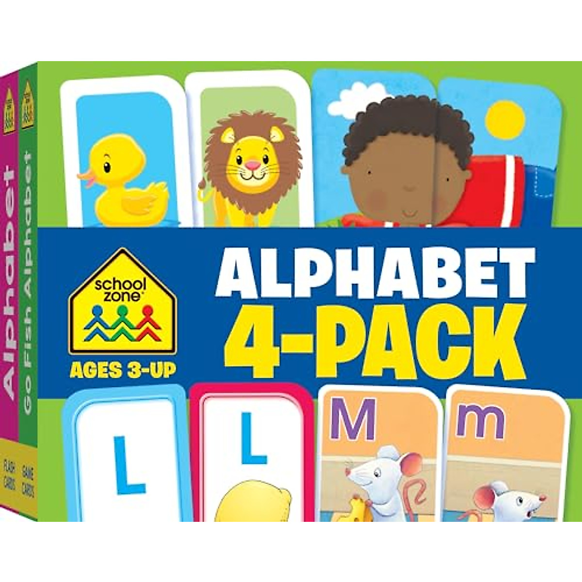 School Zone - Alphabet 4-Pack Flash Cards - Ages 3+, Preschool, Kindergarten, Go Fish Alphabet, Three-Letter Words, Alphabet Match, Lowercase & Uppercase Letters, Letter-Picture Recognition, and More