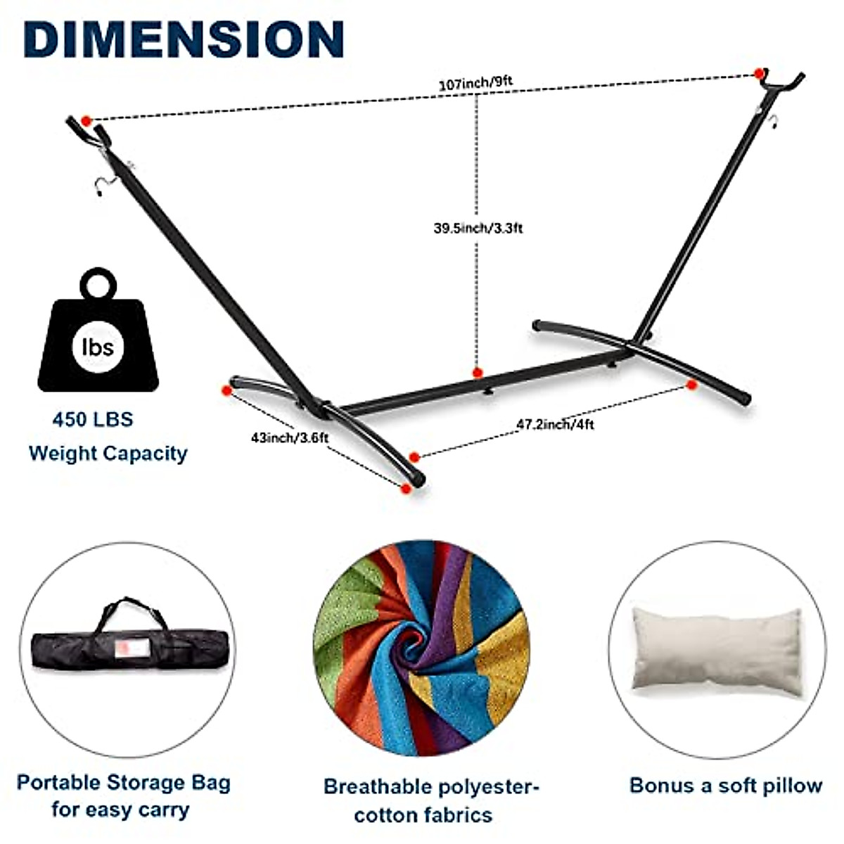 Hammock with Stand Double Hammock Heavy Duty with Space Saving Portable Pillow &Carrying Bag 2 Person Hammocks Steel Stand for Indoor Outdoor Patio Garden Yard 450lb Capacity