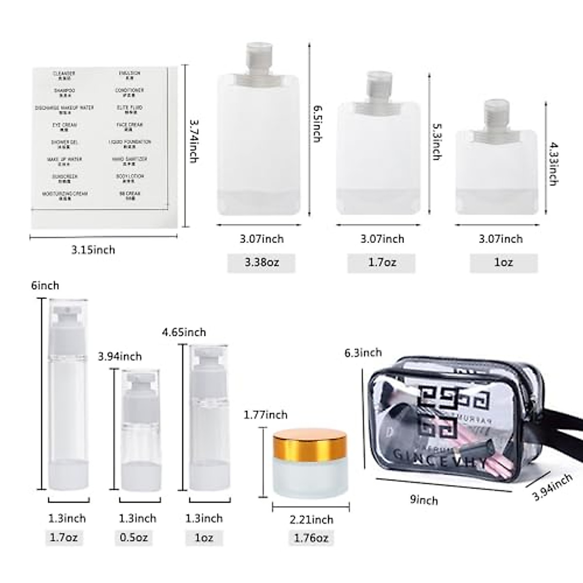 19 Pcs TSA Approved Travel Toiletries Containers Set - Refillable Vacuum Pump Bottle, Squeeze Pouches, Clear Glass Jar for Toner Shampoo Conditioner Lotion Body Wash (Include Cosmetic Bag Label)