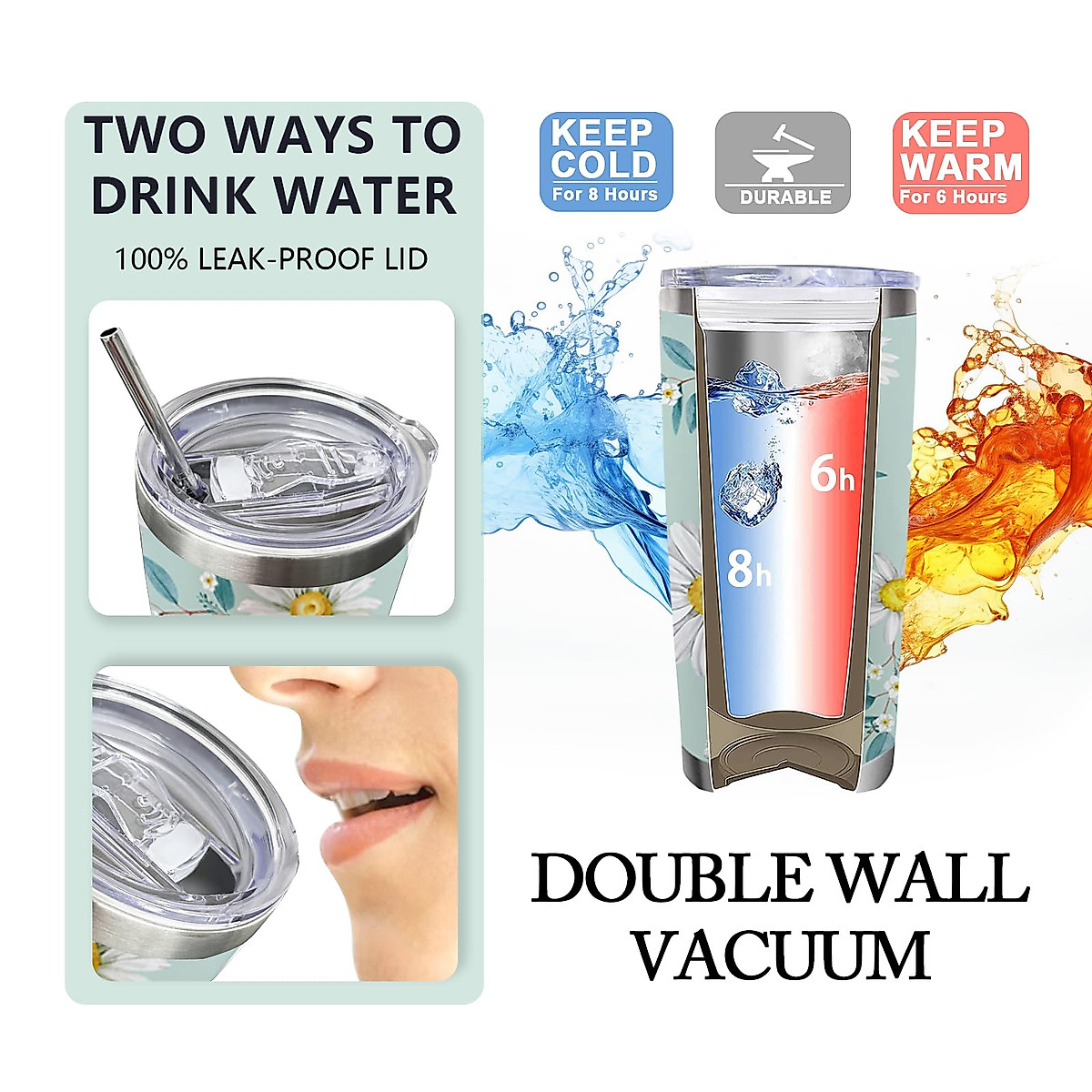 Zzkol Daisy Flowers Tumbler with Lid and Straw, Floral Stainless Steel Travel Coffee Cup, Birthday Mug Gifts for Women Daisy Lovers, 20oz Double Wall Vacuum Insulated Tumbler