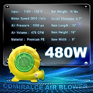 Air Blower 480 Watt Inflatable Bounce House Air Blower, Outdoor Inflatable Castle and Jump Slides Blower (YF, 480 Watt, YF-F1)