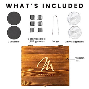 Mantello Whiskey Stones Gift Set for Men - Whiskey Glass Set of 2 with Stainless Steel Whiskey Stones - Whiskey Gifts for Men, Whisky Glasses and Whiskey Stones Rocks