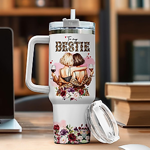 99OWL Tumbler 40 Oz With Handle Lid And Straw, My Bestie Watercolor Floral, Boss Tumblers Funny Cups Women Leopard Friends Stainless For Print Steel Coffee Flower