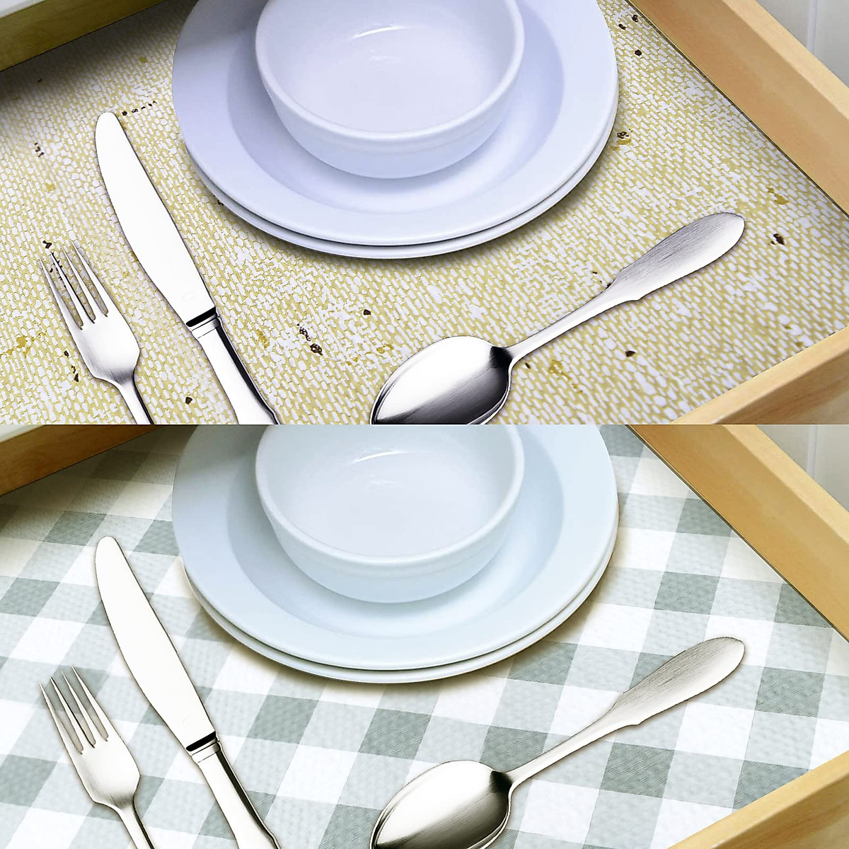 RAY STAR 12X120 Inch Shelf Liner for Kitchen Cabinets, Non-Adhesive Cabinet Liner Washable, PVC Drawer Liner for Dresser Non-Slip Bathroom (Yellow+Plaid)