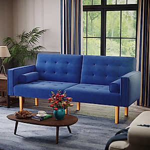 Furmax Convertible Futon Sofa Bed Fabric Modern Folding Couch, Upholstered Couch Recliner with 2 Pillows and Armrests for Living Room Lounge, Sturdy Wood Legs Fabric Home Recliner Sofa. (Blue)