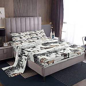Western Cowboy Sheet Set Twin Size,Vintage Southwest Style Bed Sheets Desert Cactus Cow Horse Animals Bedding Set for Kids Boys Girls Adult Room Decor,Grey Brown White Fitted + Flat Sheet 3Pcs