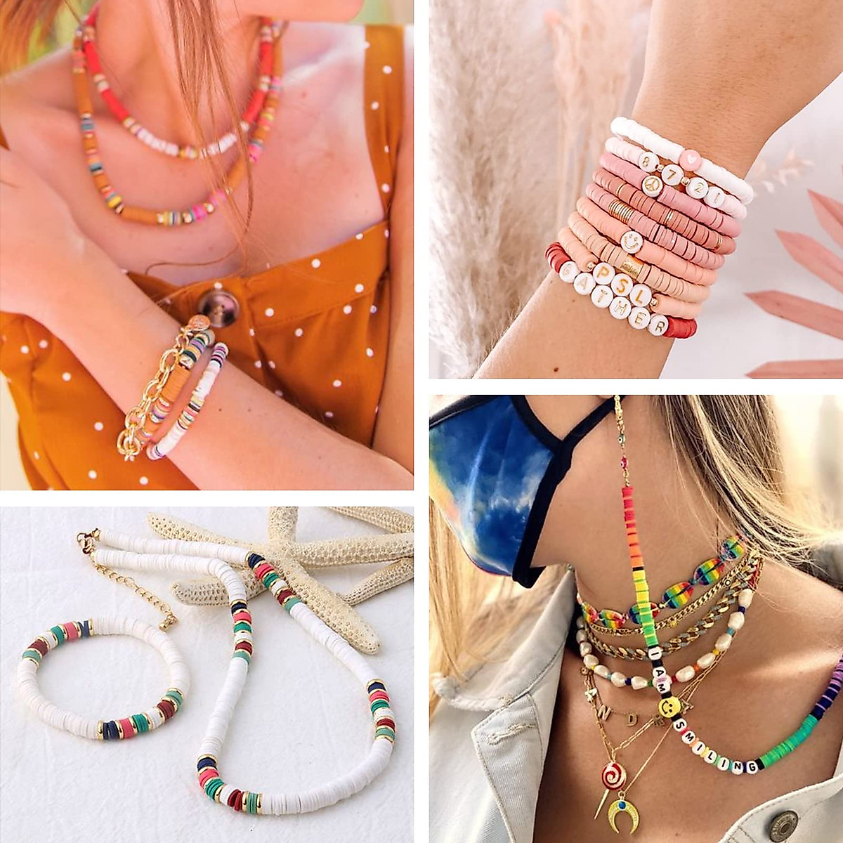 QUEFE 10500pcs, 42 Colors Clay Beads for Bracelet Making with Letter Smiley Face Peace Beads Different Charms Pendants, Polymer Heishi Beads Kit with Elastic Strings for DIY Craft Jewelry