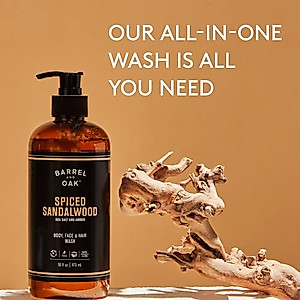 Barrel and Oak - All-In-One Body Wash, Men's Face, Hair, & Body Wash, Natural Exfoliator & Moisturizer, Hydrates Hair & Beard, Fragrant Amber Scent, Certified Organic (Spiced Sandalwood, 16oz)