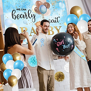 We Can Bearly Wait Baby Shower Decorations,Teddy Bear Baby Shower Decorations for Boy with Backdrop and Plates, Napkins and Cups,Mommy To Be Sash