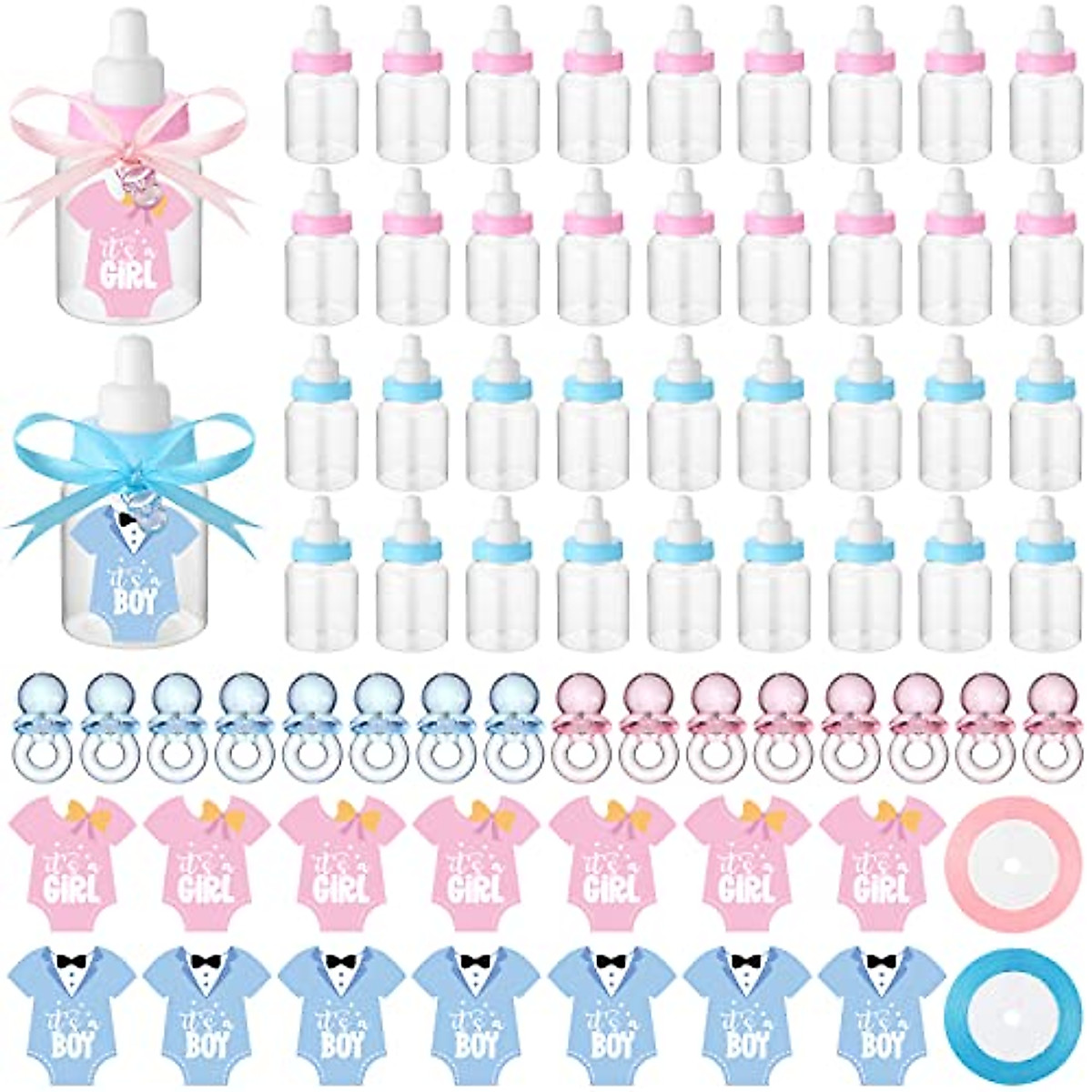 48 Set Gender Reveal Baby Shower Favors Baby Mini Milk Bottles Plastic Baby Milk Bottle 48 Pcs Mini Pacifiers Tiny Plastic Pacifiers 64 Pcs Gender Reveal Stickers Baby Shower Sticker and 2 Roll Ribbon